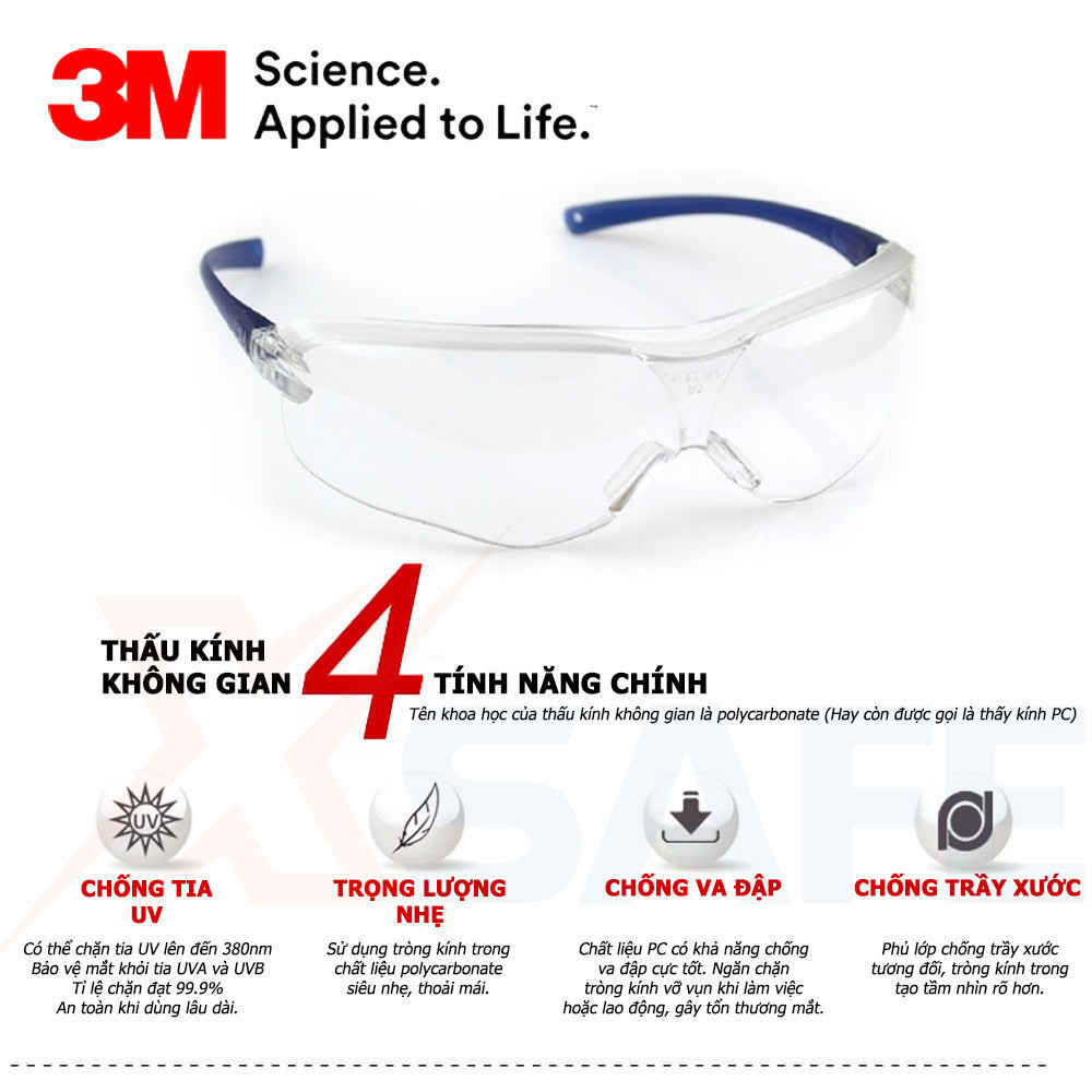 Kính bảo hộ 3M V34 Kính chống bụi chống tia UV, bám hơi nước, chống trầy xước, dùng lao động, đi ...