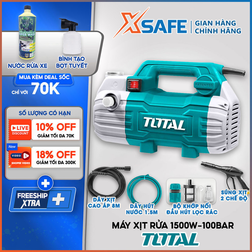 Máy xịt rửa xe TOTAL TGT11236 1500W dây đồng, motor từ không chổi than Máy rửa xe cao áp 100Bar ...