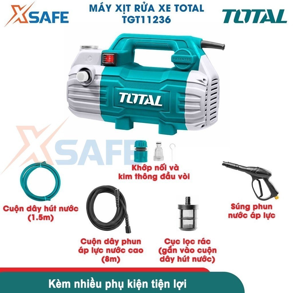 Máy xịt rửa xe TOTAL TGT11236 1500W dây đồng, motor từ không chổi than Máy rửa xe cao áp 100Bar ...