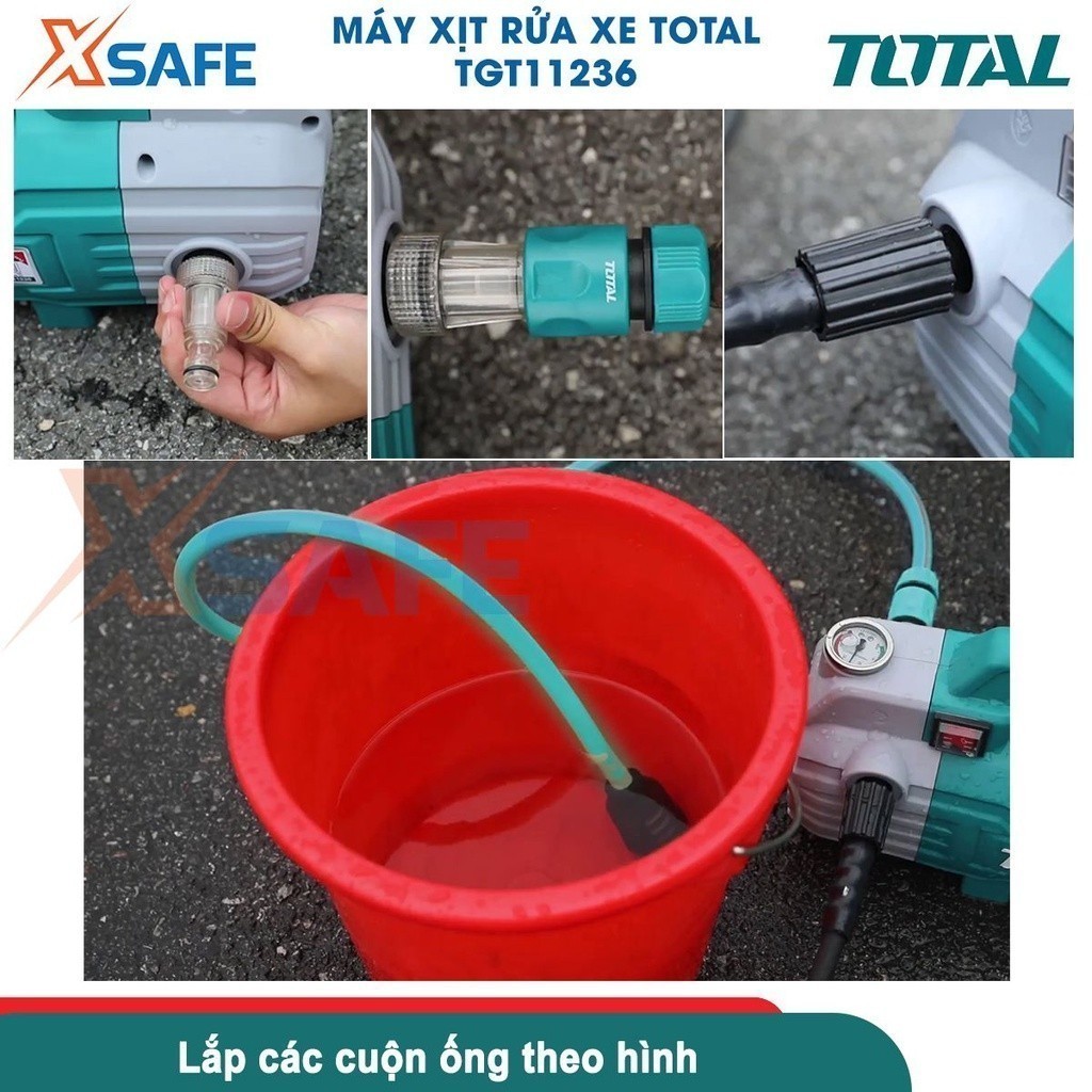 Máy xịt rửa xe TOTAL TGT11236 1500W dây đồng, motor từ không chổi than Máy rửa xe cao áp 100Bar ...