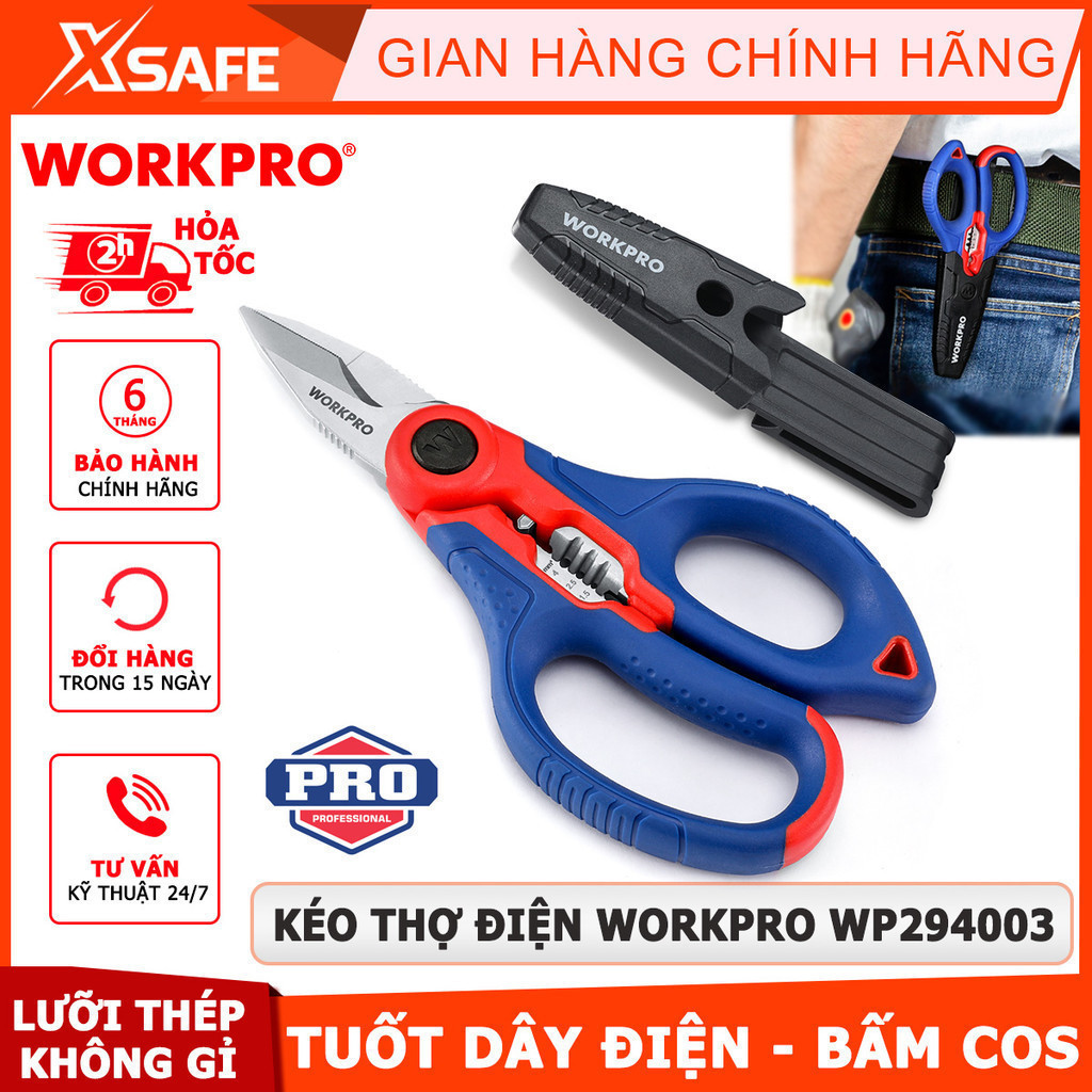 Kéo thợ điện WORKPRO WP294003 lưỡi cắt răng cưa sắc bén, cắt cáp dễ dàng, có đầu bấm cos, tuốt ...