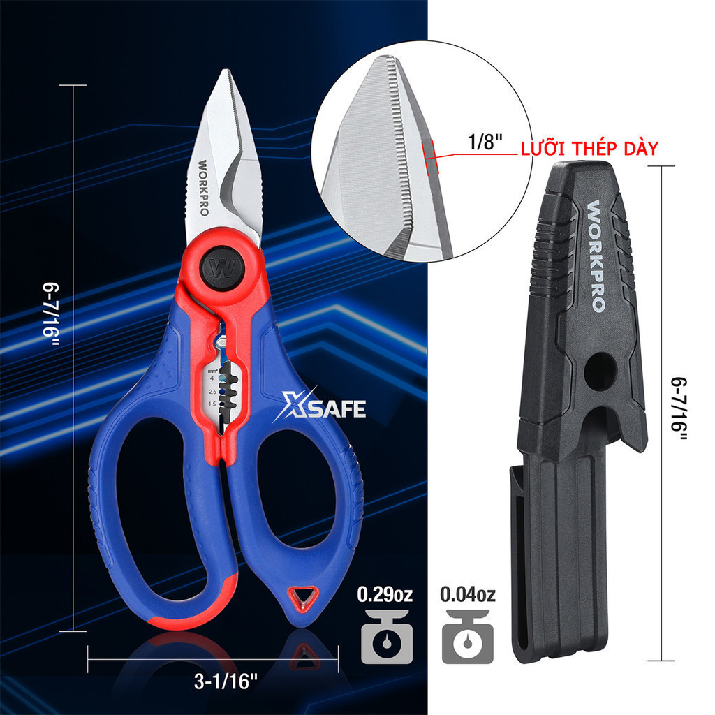 Kéo thợ điện WORKPRO WP294003 lưỡi cắt răng cưa sắc bén, cắt cáp dễ dàng, có đầu bấm cos, tuốt ...