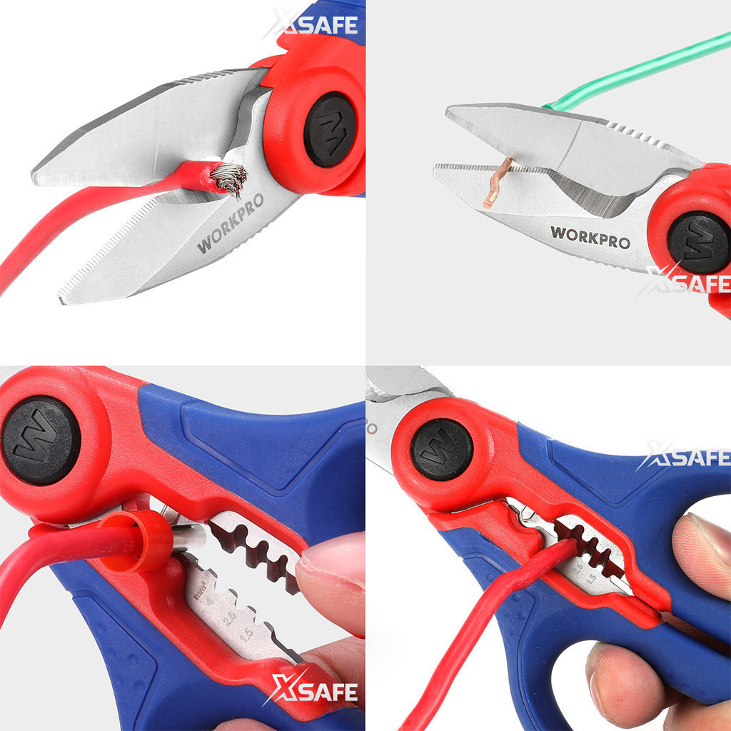 Kéo thợ điện WORKPRO WP294003 lưỡi cắt răng cưa sắc bén, cắt cáp dễ dàng, có đầu bấm cos, tuốt ...