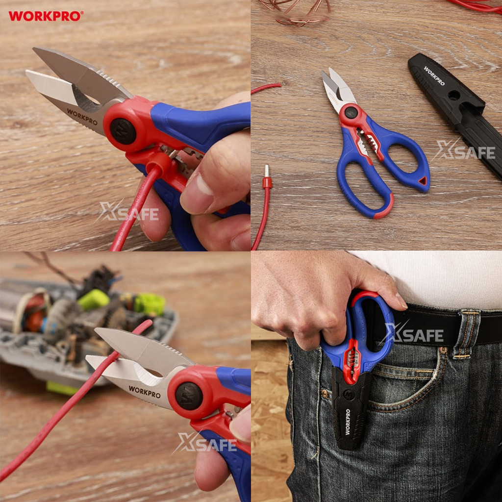 Kéo thợ điện WORKPRO WP294003 lưỡi cắt răng cưa sắc bén, cắt cáp dễ dàng, có đầu bấm cos, tuốt ...