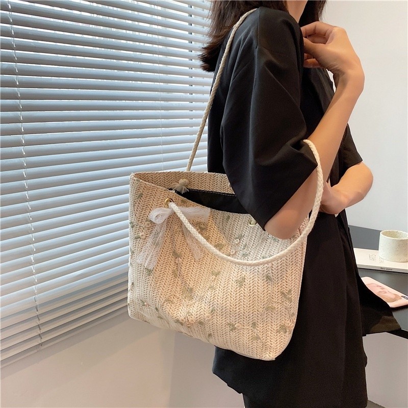 Túi cói đeo vai hoạ tiết hoa nhí nơ ren TCR01 | Shopee Việt Nam