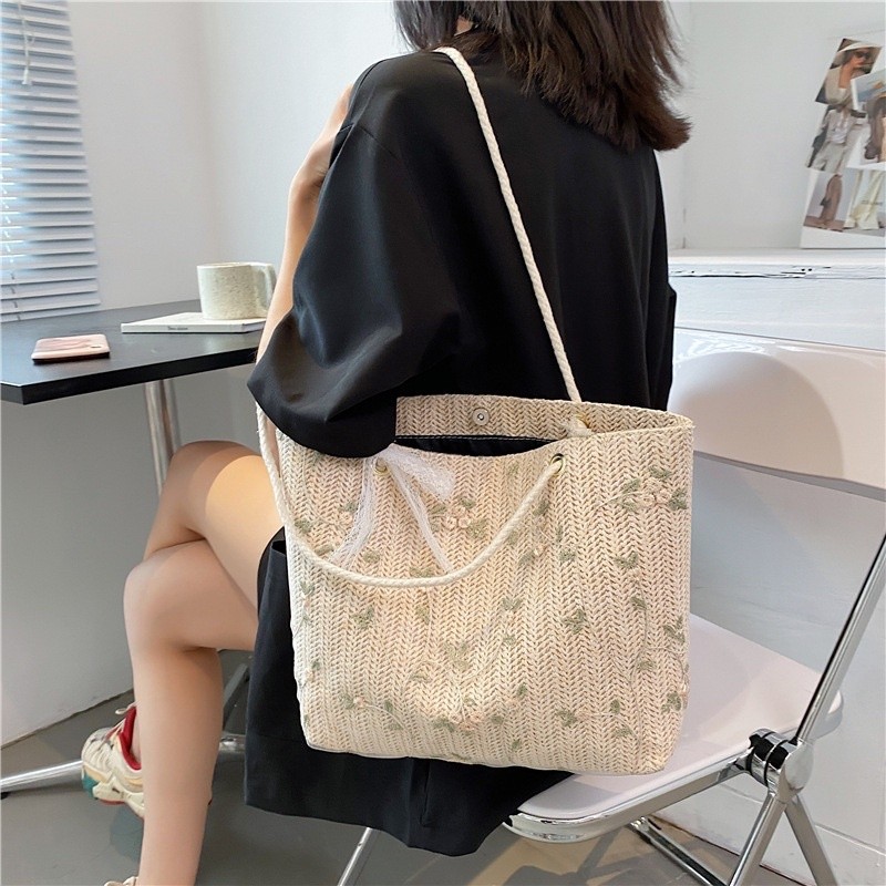 Túi cói đeo vai hoạ tiết hoa nhí nơ ren TCR01 | Shopee Việt Nam