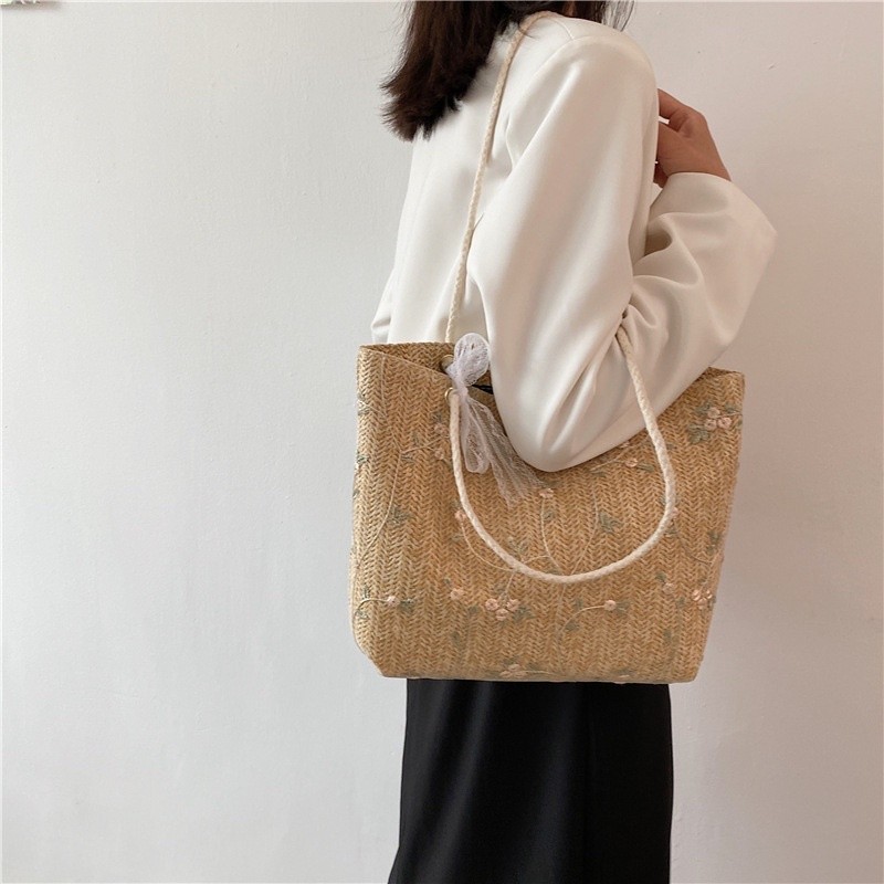 Túi cói đeo vai hoạ tiết hoa nhí nơ ren TCR01 | Shopee Việt Nam