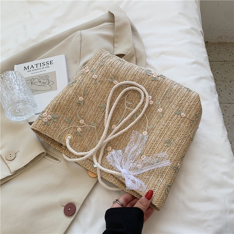 Túi cói đeo vai hoạ tiết hoa nhí nơ ren TCR01 | Shopee Việt Nam