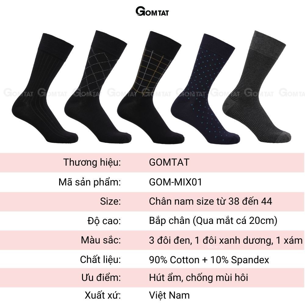 Hộp 5 đôi tất nam cao cổ đi giày tây GOMTAT mẫu MIX01, chất cotton cao ...
