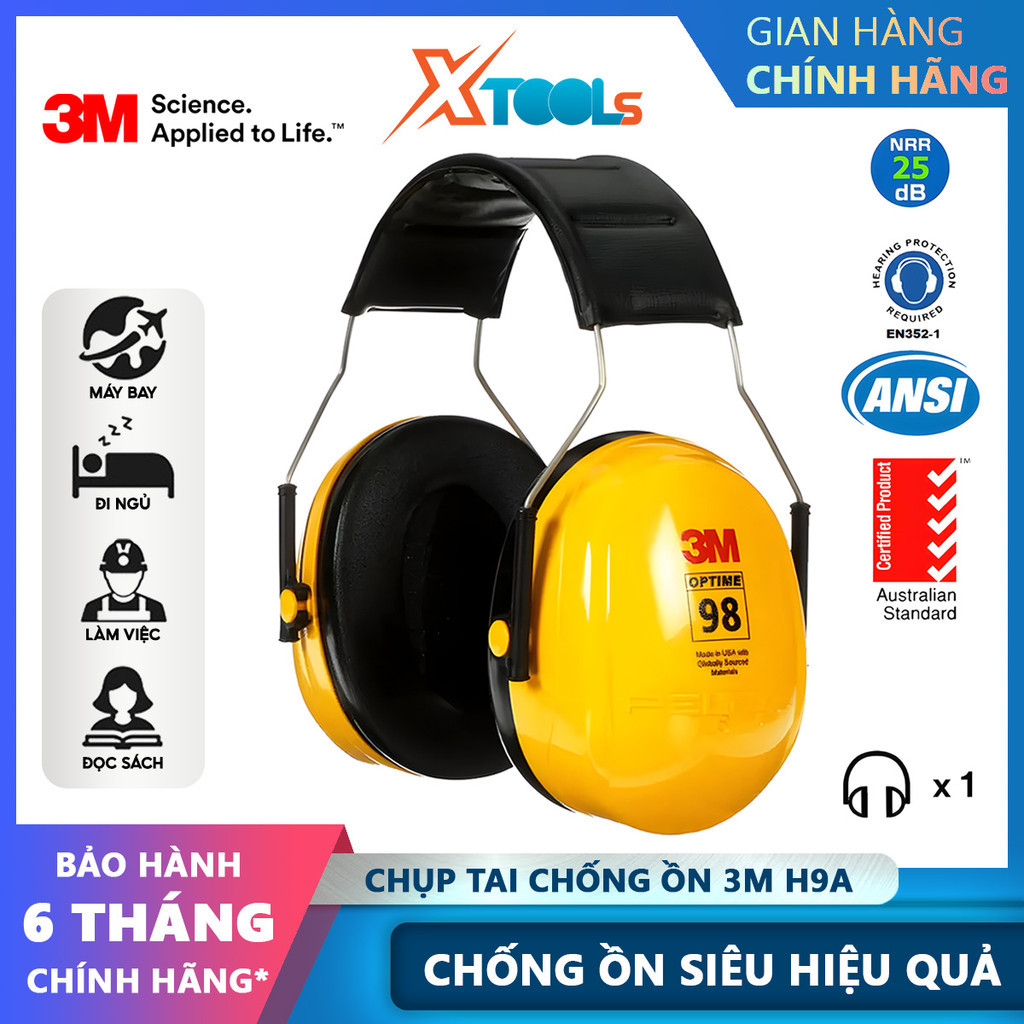 Chụp tai chống ồn 3M H9A đeo qua đầu, độ giảm ồn 25dB, ôm kín khít vành ...