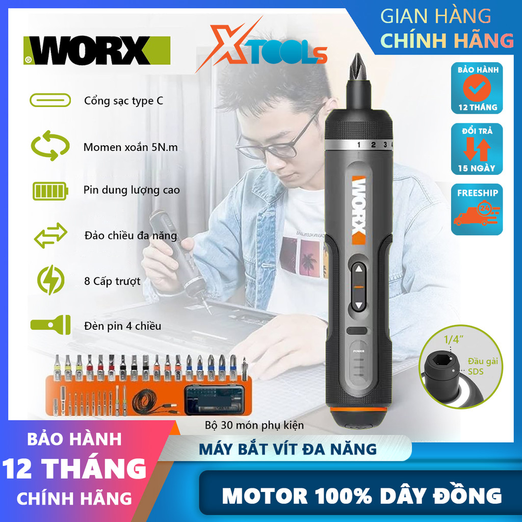 Máy vặn vít dùng pin 4V Worx WX242 máy siết vít 7 Cấp Độ cầm tay kèm 30 đầu vít và đầu nối vít ...