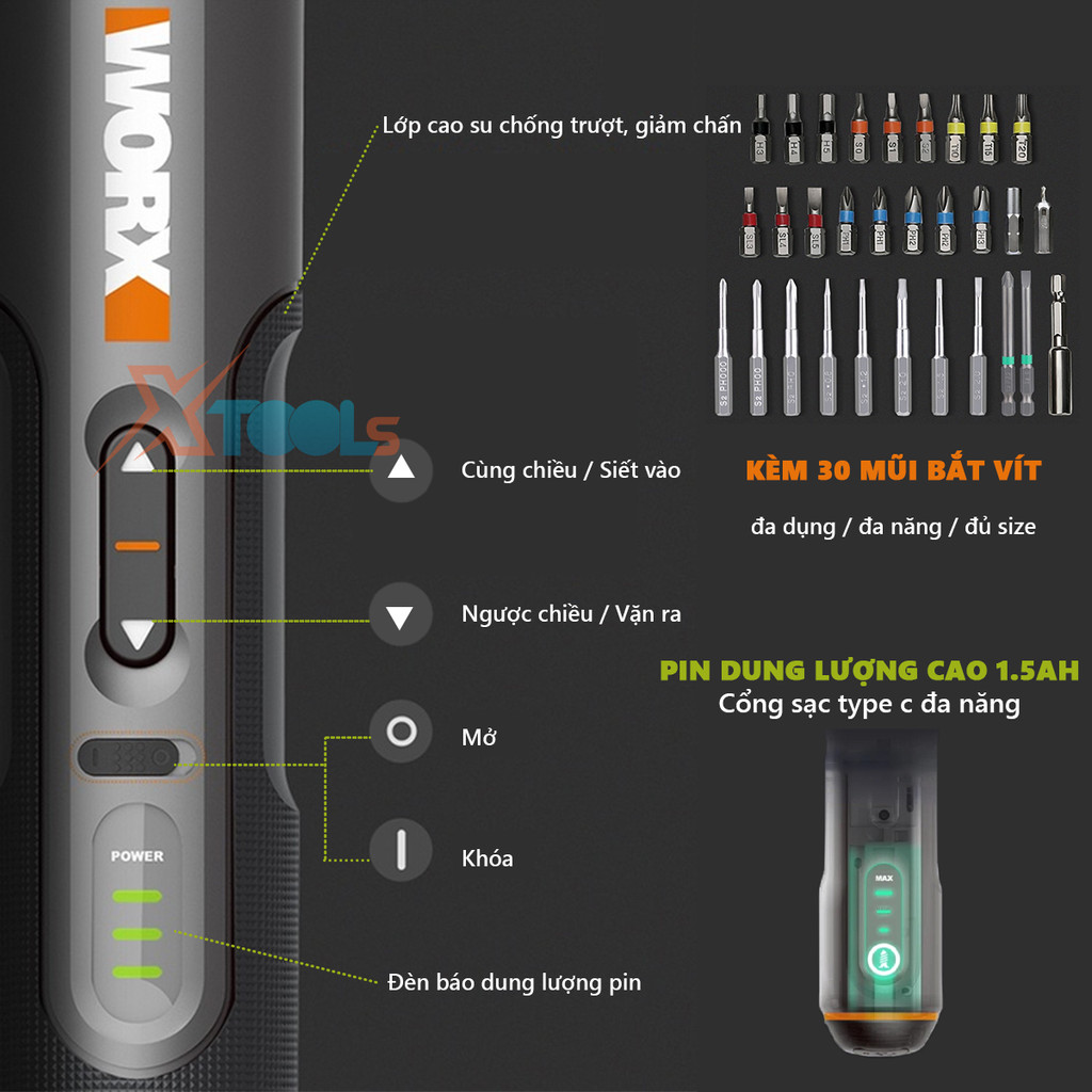 Máy vặn vít dùng pin 4V Worx WX242 máy siết vít 7 Cấp Độ cầm tay kèm 30 đầu vít và đầu nối vít ...