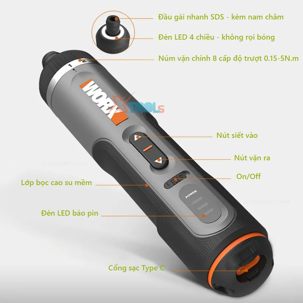Máy vặn vít dùng pin 4V Worx WX242 máy siết vít 7 Cấp Độ cầm tay kèm 30 đầu vít và đầu nối vít ...