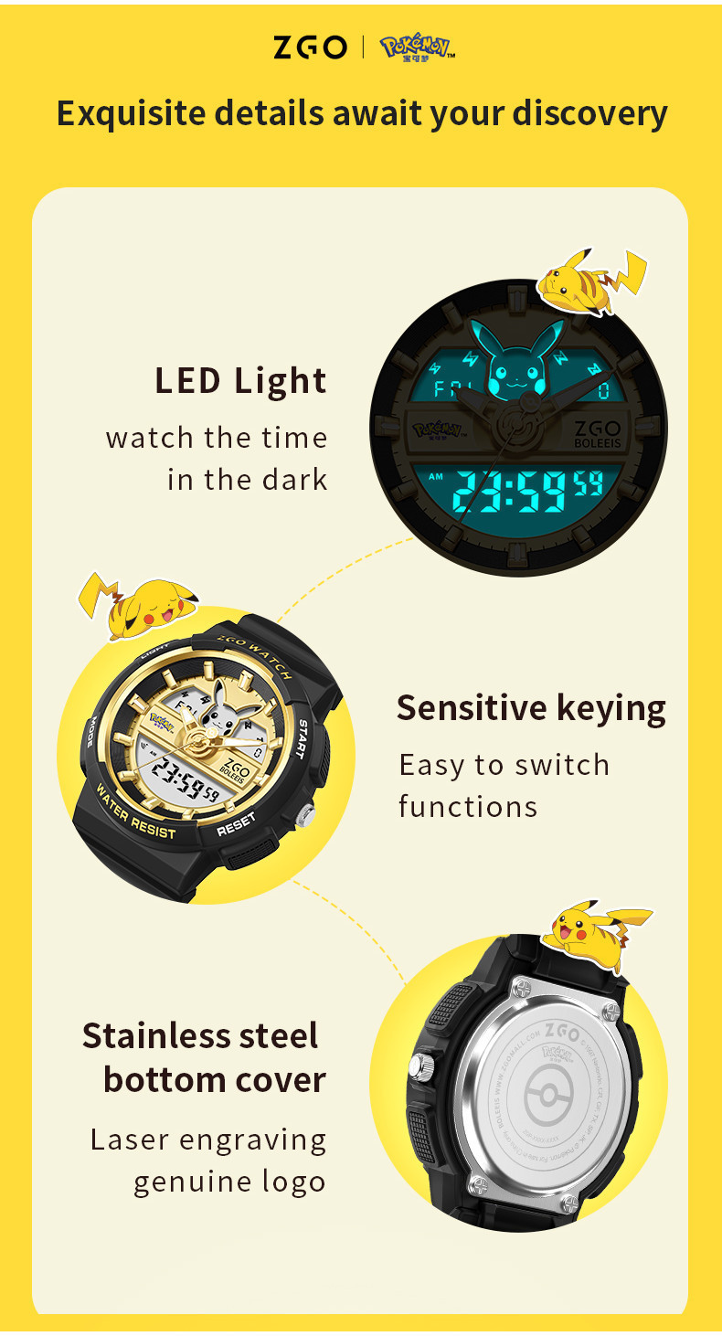 đồng hồ trẻ em ZGO x Pokemon Pikachu Chống Nước 50M Bấm Giờ Báo Thức ...