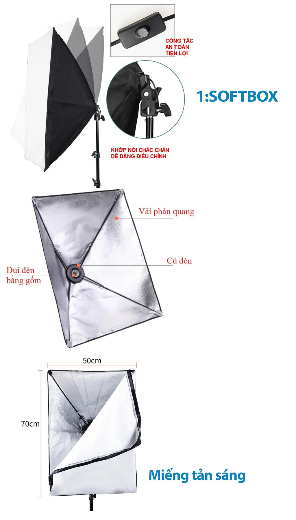 Bộ KIT Studio Chụp Ảnh Sản Phẩm Chân Đèn 2m Kèm Softbox 50x70 cm Hỗ Trợ Sáng, Quay Phim ...