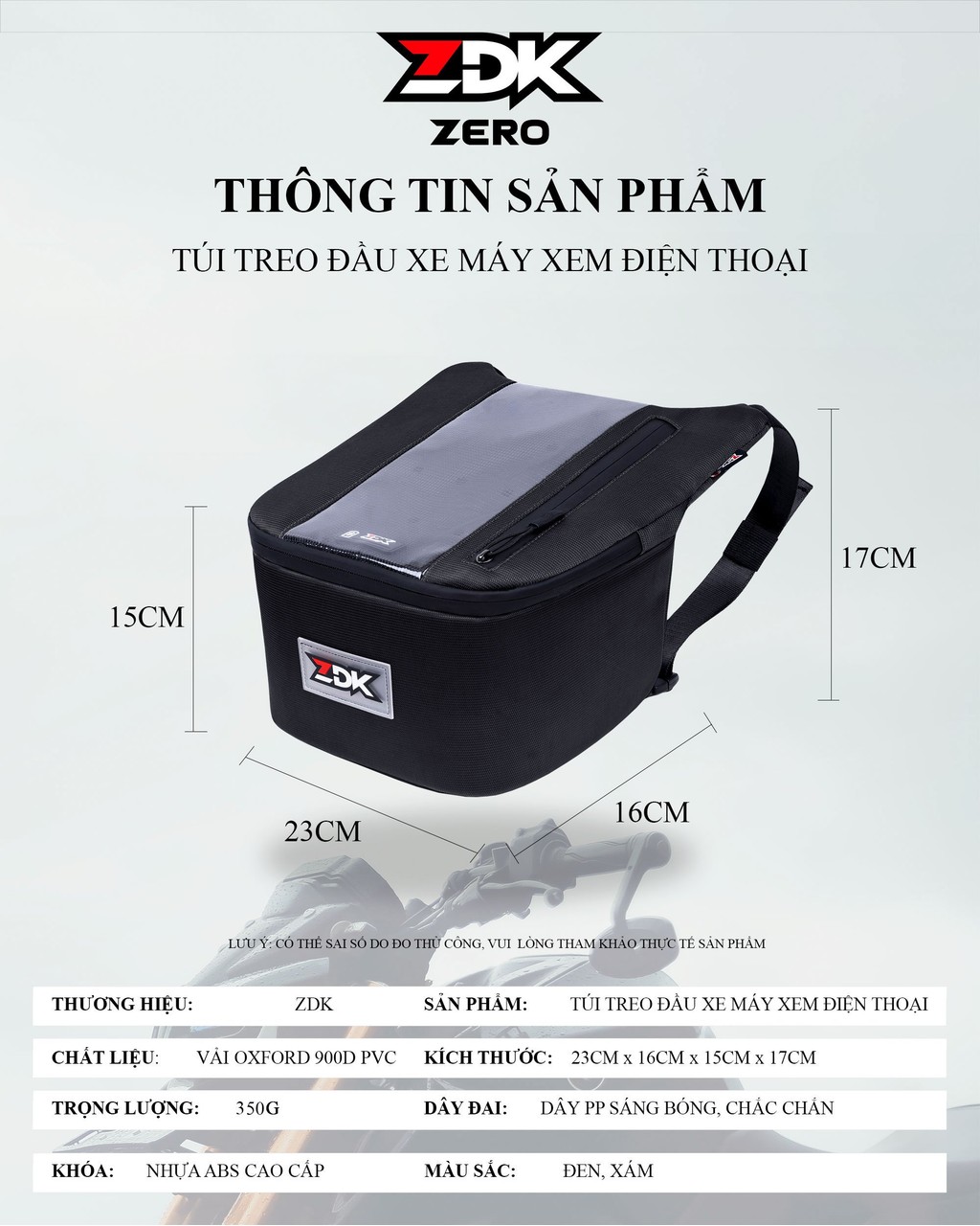 Túi Treo Đầu Xe Máy ZDK Dùng Được Cảm Ứng, Xem Bản Đồ, Có Sạc, Đựng Đồ, Đi Phượt, Chạy Grab ...