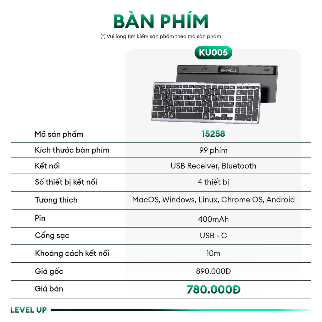 Bàn phím không dây UGREEN KU005 | Kết nối 4 thiết bị | Pin sạc dung lượng 400mAh | Bảo hành 18 ...