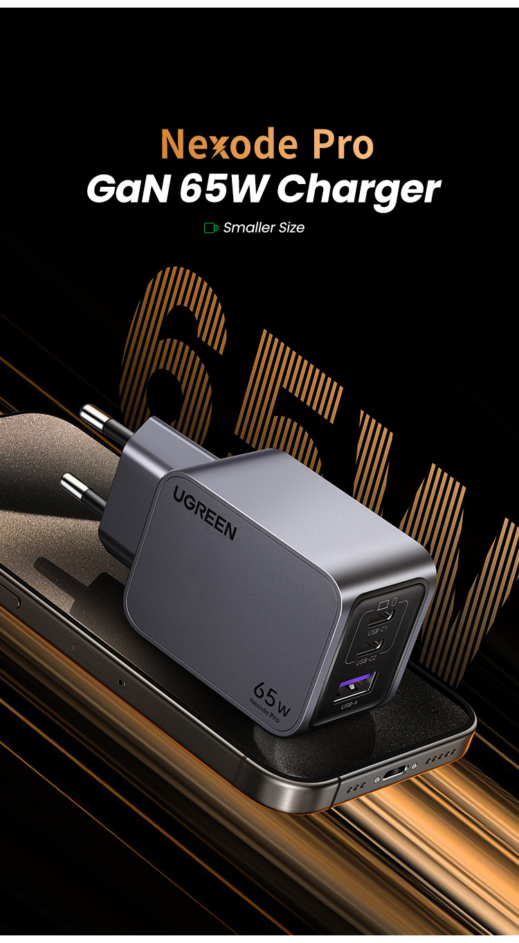 Bộ sạc nhanh Ugreen 65W Nexode GaN Pro | 3 cổng sạc USB-C/USB-A| Kèm cáp sạc nhanh Type-C 100W 1 ...