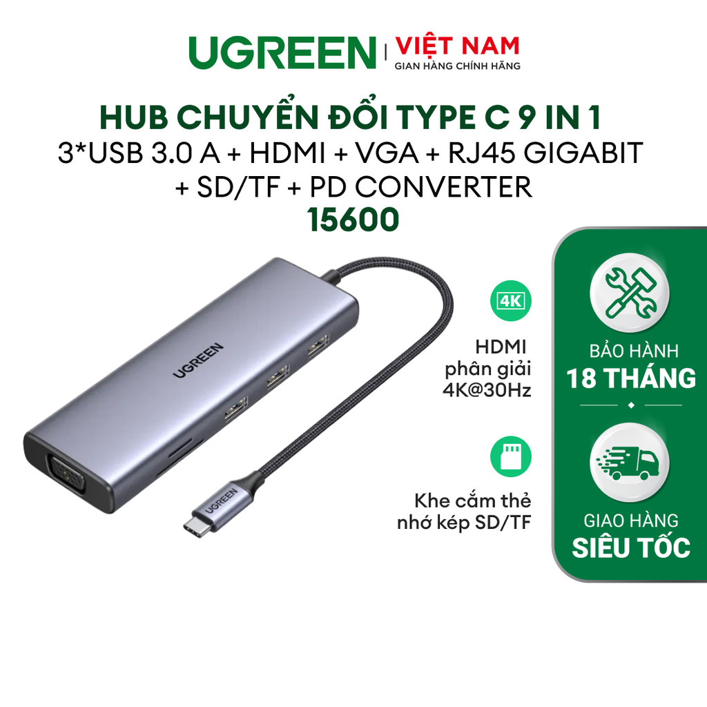 Hub chuyển đổi Type C UGREEN 9 in 1| HDMI 4K UHD| USB 3.0 | Bảo Hành 18 Tháng 1 đổi 1 | 15600 ...