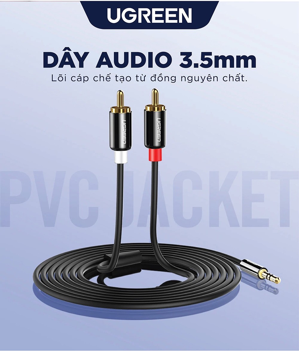 Dây Audio 3.5mm ra 2 đầu RCA (Hoa sen) UGREEN AV116 | Đầu nối mạ vàng 14K | Kết nối dễ dàng ...