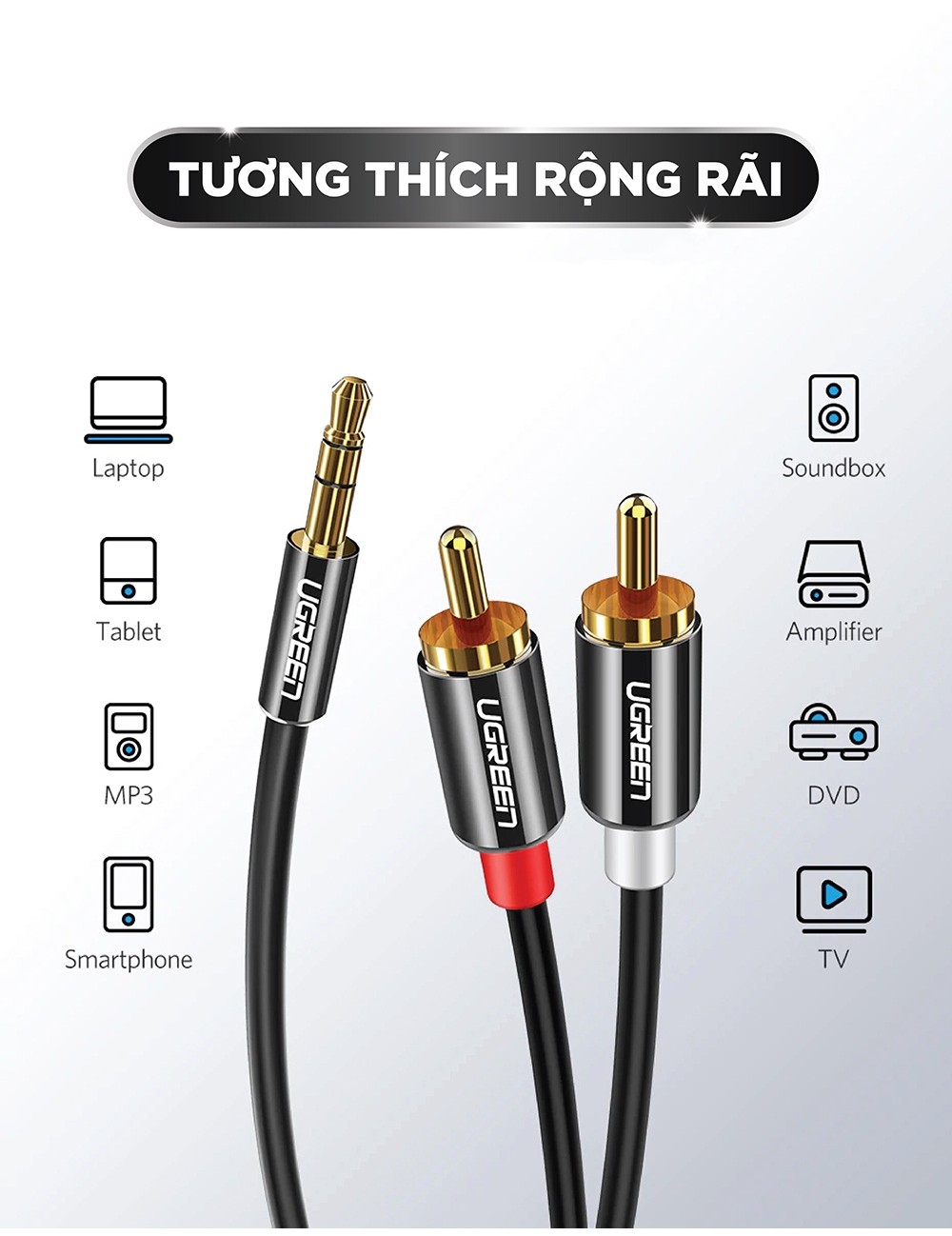 Dây Audio 3.5mm ra 2 đầu RCA (Hoa sen) UGREEN AV116 | Đầu nối mạ vàng 14K | Kết nối dễ dàng ...