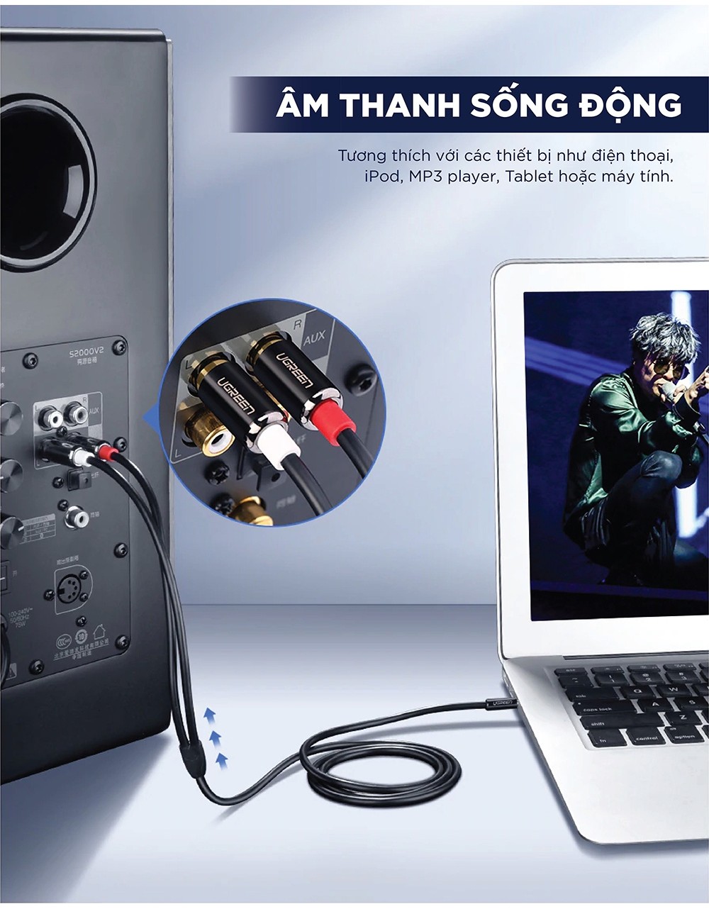 Dây Audio 3.5mm ra 2 đầu RCA (Hoa sen) UGREEN AV116 | Đầu nối mạ vàng 14K | Kết nối dễ dàng ...