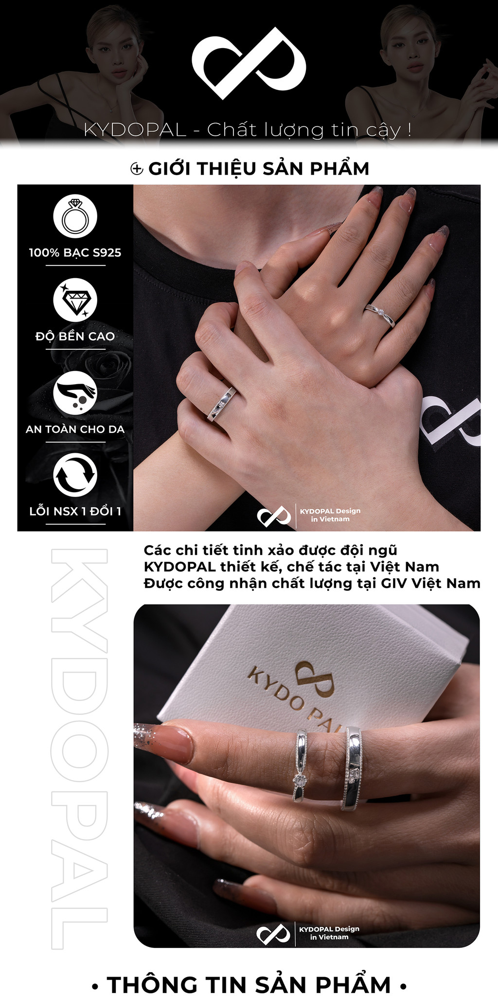 Nhẫn bạc đôi nam KYDOPAL cá tính cặp đôi đính đá trang sức bạc Ý 925 ...