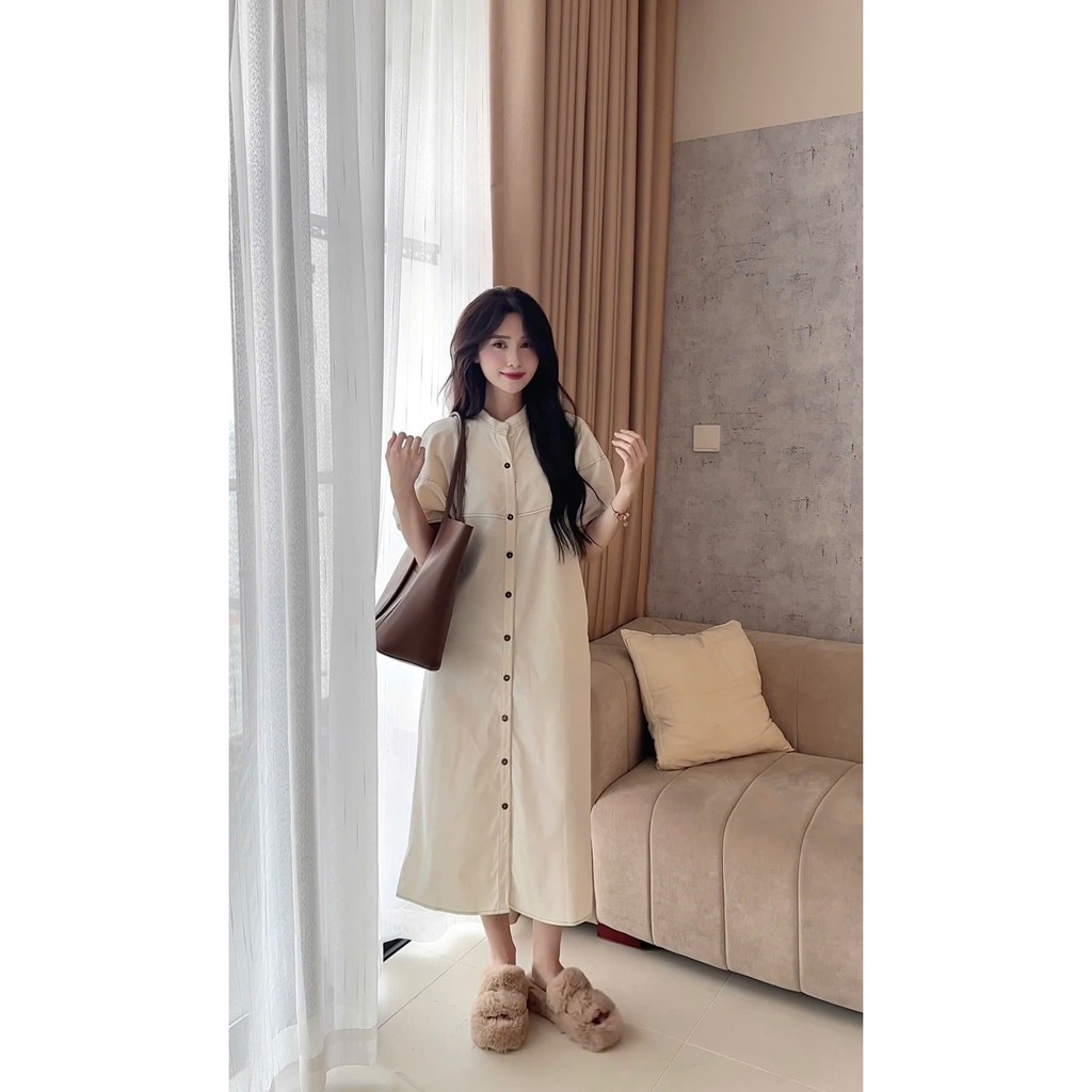 Váy Sơ Mi Dáng Dài Tay Bồng Cúc Dọc Vải Thô Mềm Susstore V829 Thời Trang Nữ | Shopee Việt Nam