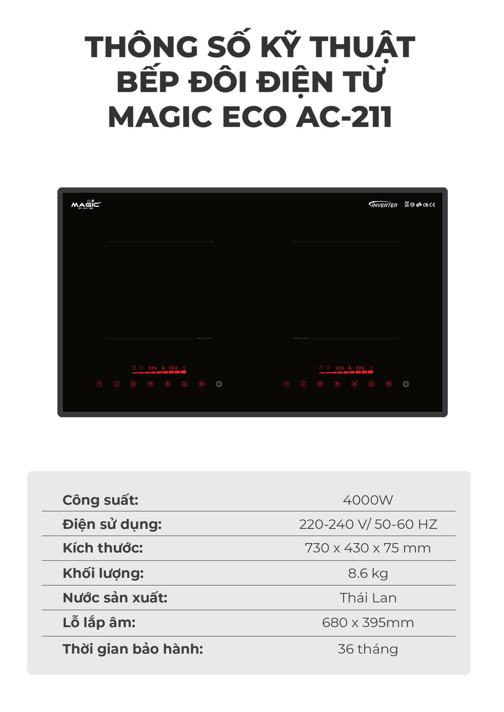 Bếp đôi điện từ Magic Eco AC-211 Made In Thái Lan, công suất 4000W, mâm nhiệt từ, bảo hành 24 ...
