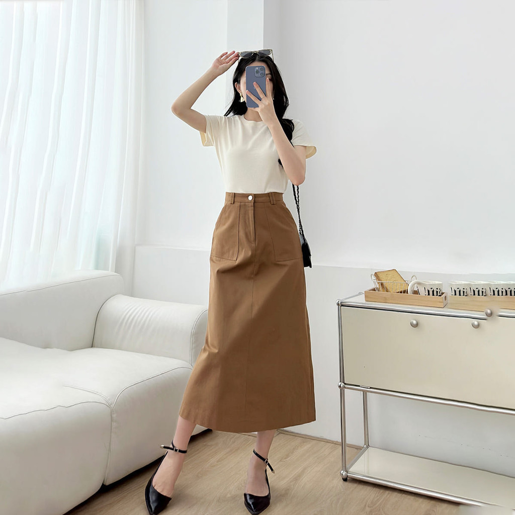 Chân váy nữ form A Gmorning - GUMAC có túi vuông kaki dày dặn màu nâu ...
