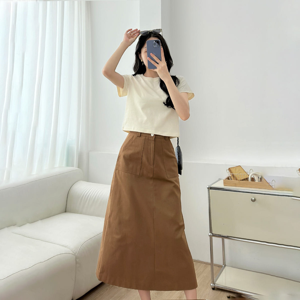 Chân váy nữ form A Gmorning - GUMAC có túi vuông kaki dày dặn màu nâu ...