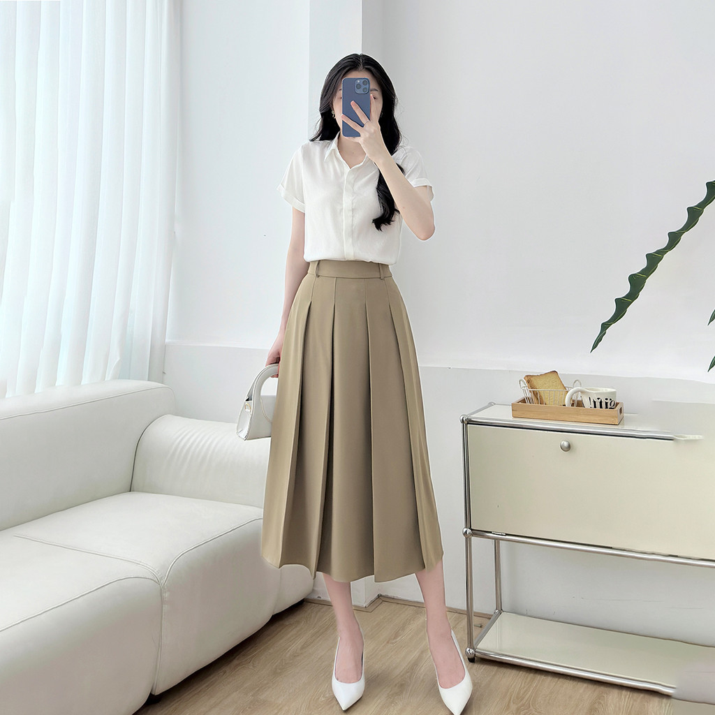 [Size S - XXL] Chân váy nữ form A midi xếp ly GUMAC dáng dài màu nâu ...