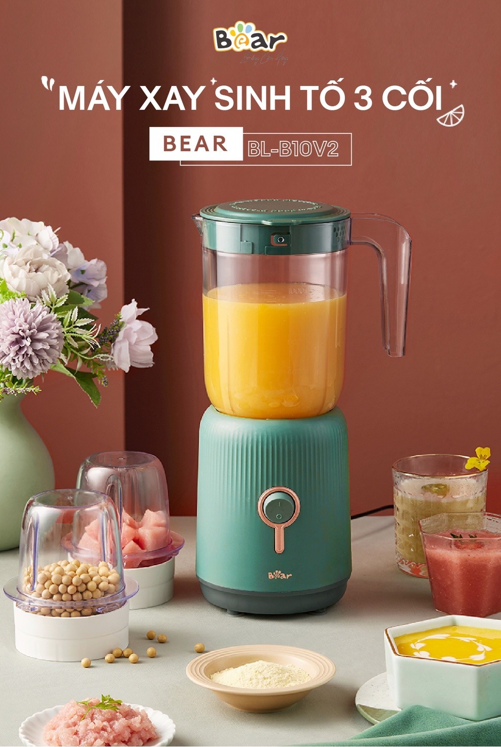 Máy Xay Sinh Tố Bear 3 Cối Dung Tích 1L Máy Xay Hoa Quả Máy Xay Ăn Dặm ...