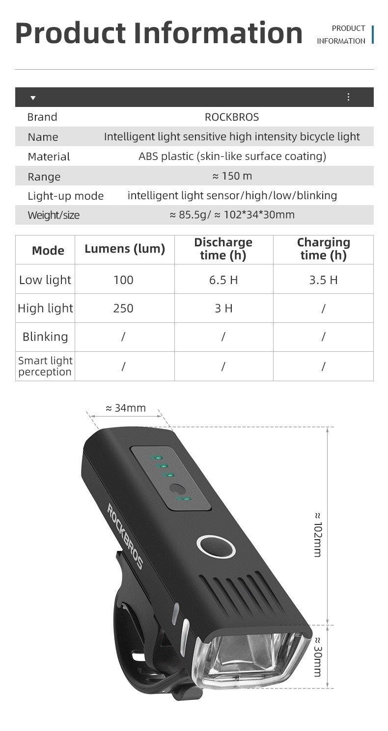 Cảm biến đèn pin 250 Lumens 1500mAh ROCKBROS cho xe đạp leo núi ...