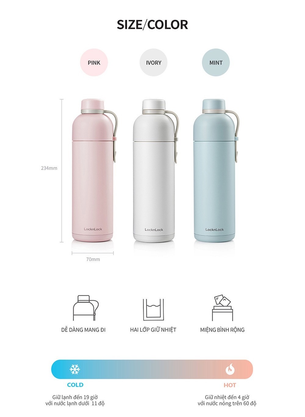 Bình giữ nhiệt LocknLock 490ml Chính hãng màu Pastel hiện đại, có quai ...