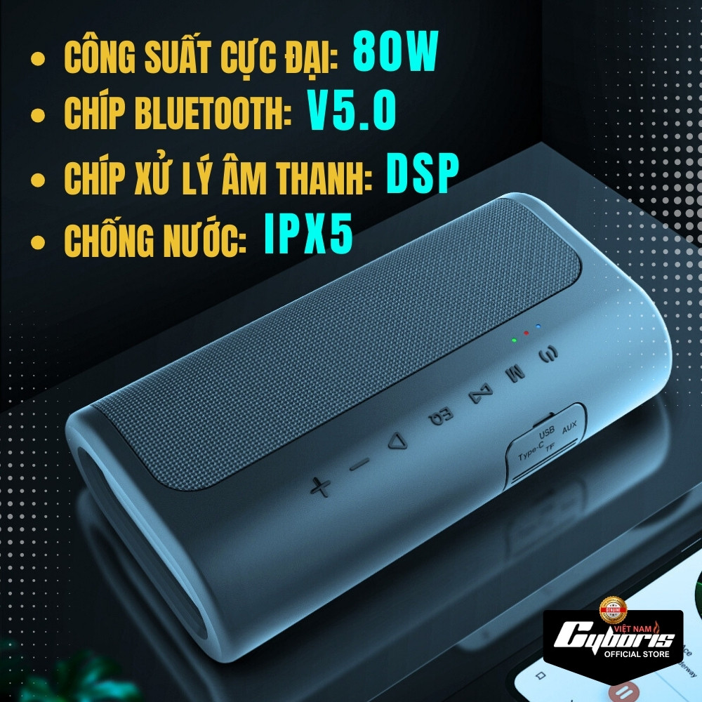 [CHÍNH HÃNG] Loa Bluetooth Cyboris T9, Công suất 80W, Loa siêu Bass, Chống nước IPX5, Pin ...