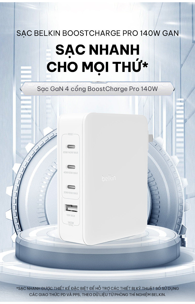 Adapter sạc nhanh Belkin 140W GaN BOOST CHARGE Rockstar màu trắng WCH014 - USB C x3, USB A x1 ...