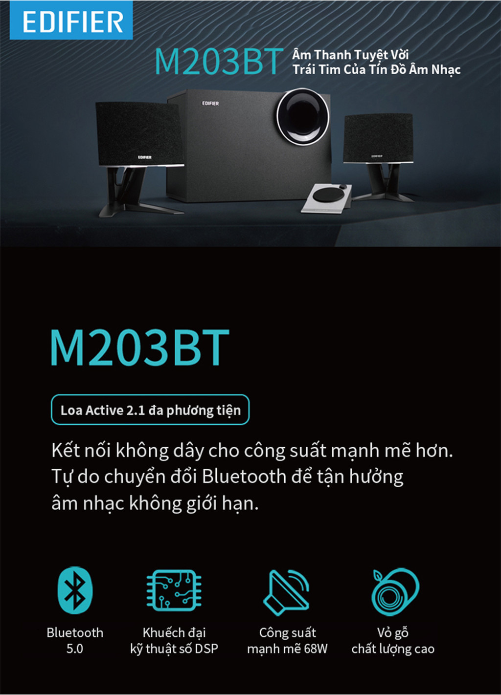 Loa Bluetooth Để Bàn EDIFIER M203BT | Công Suất 34W | Vỏ Gỗ MDF Dày Dặn | Bluetooth 5.0 | Bảo ...
