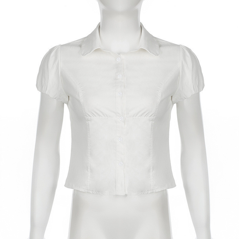 Dre-áo Sơ Mi Nút Xuống Nữ Tay Ngắn Cổ Áo Màu Trơn Áo Sơ Mi Slim Fit ...