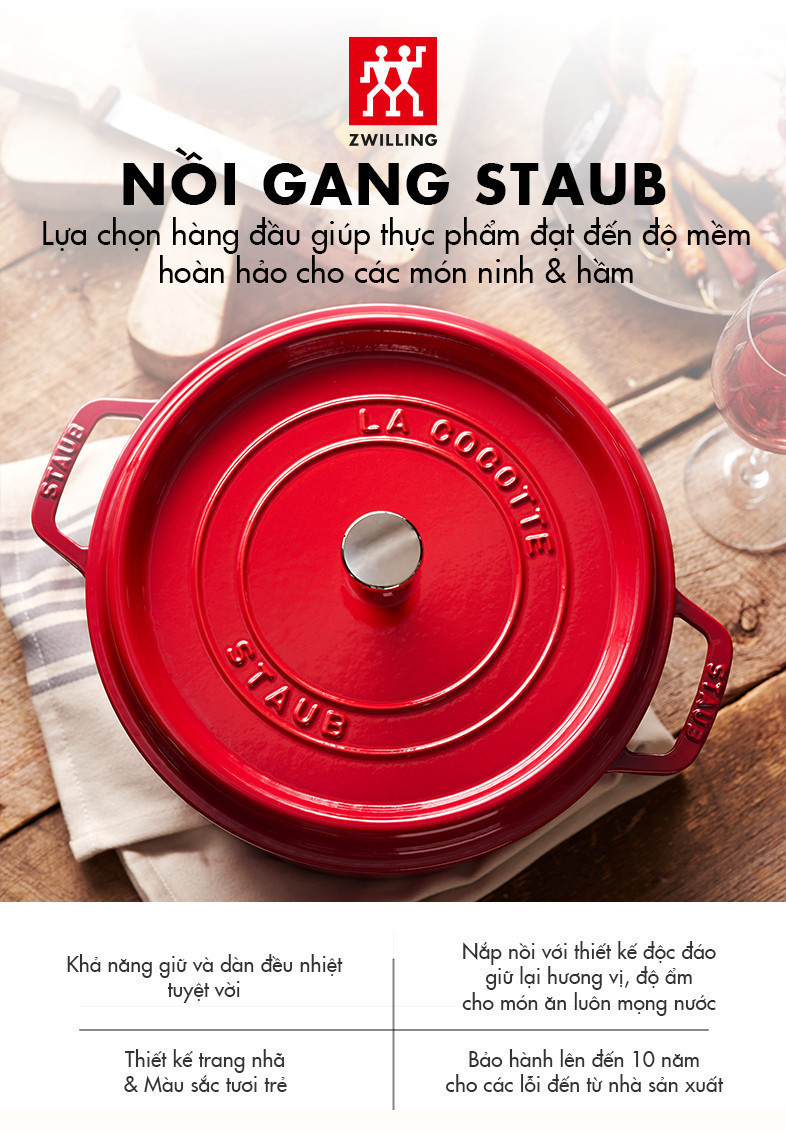 Nồi gang tráng men STAUB La Cocotte màu lựu đỏ (Grenadine) (20cm/22cm/24cm) dùng được bếp từ ...