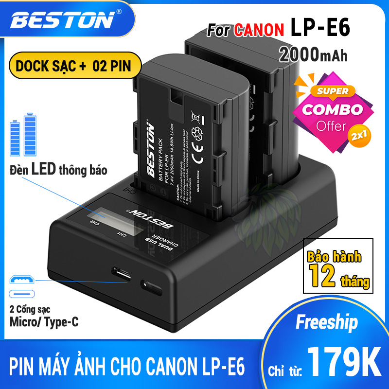 Bộ 2 pin và sạc đôi cho Canon LP-E6/E6N Beston dùng cho máy ảnh EOS R 90D 5d4 70D 6d2 R6 R5 5D2 ...
