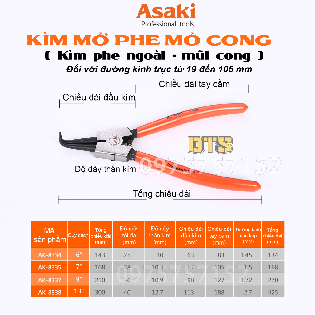 Kìm tháo lắp phe đa năng hãng Asaki đủ kích thước, Kìm phe trong phe ...