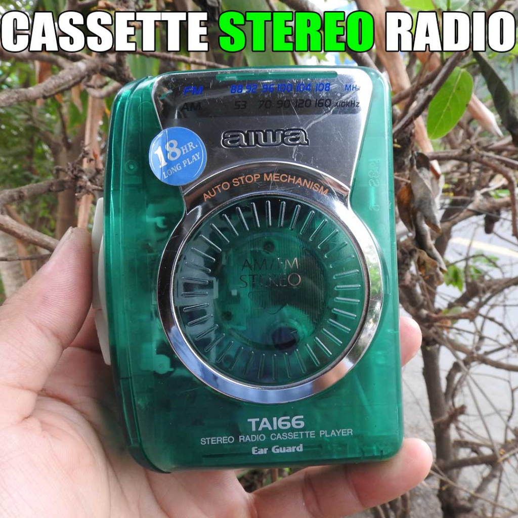 Máy nghe nhạc Cassette Stereo AIWA TA166 trong suốt màu xanh có thu đài Radio AM FM108 tiện lợi ...