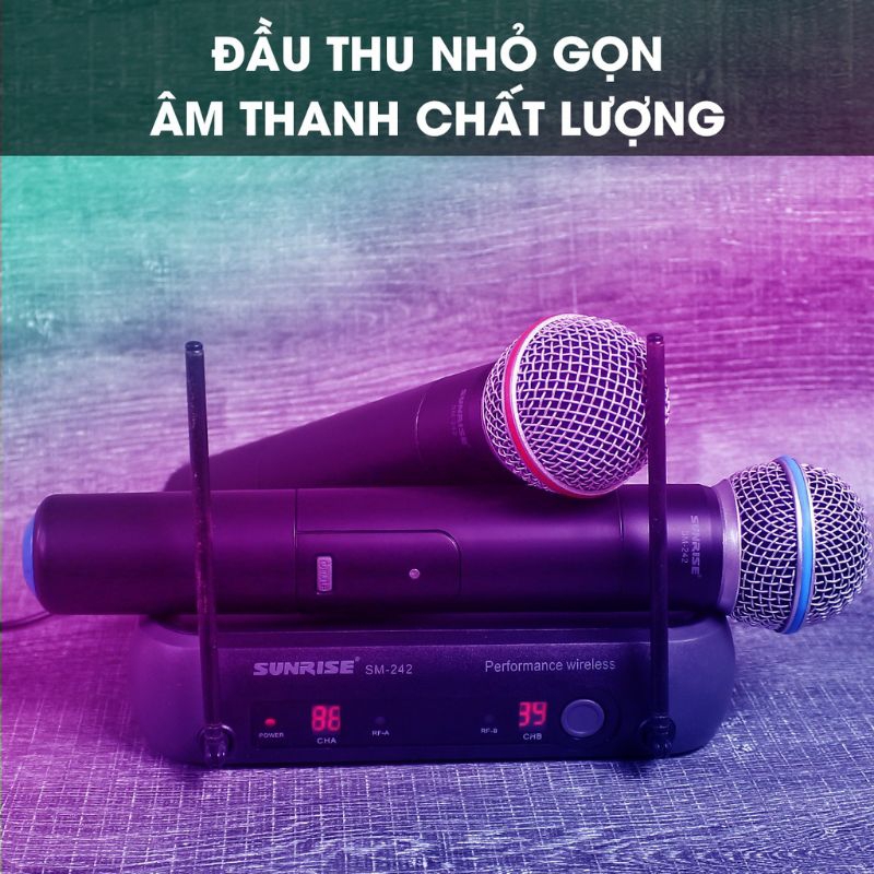 Micro karaoke không dây Sunrise SM-242, mic chống hú ù xè, sóng kép bắt ...
