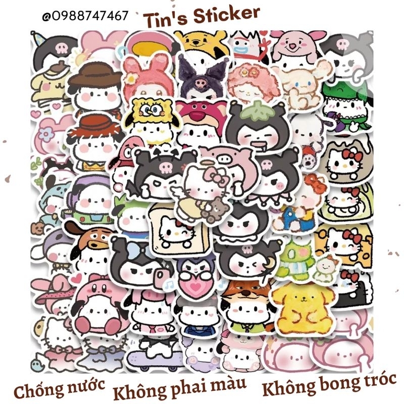Set combo 50 miếng dán sticker sanrio chibi kuromi dán nón mũ bảo hiểm ...