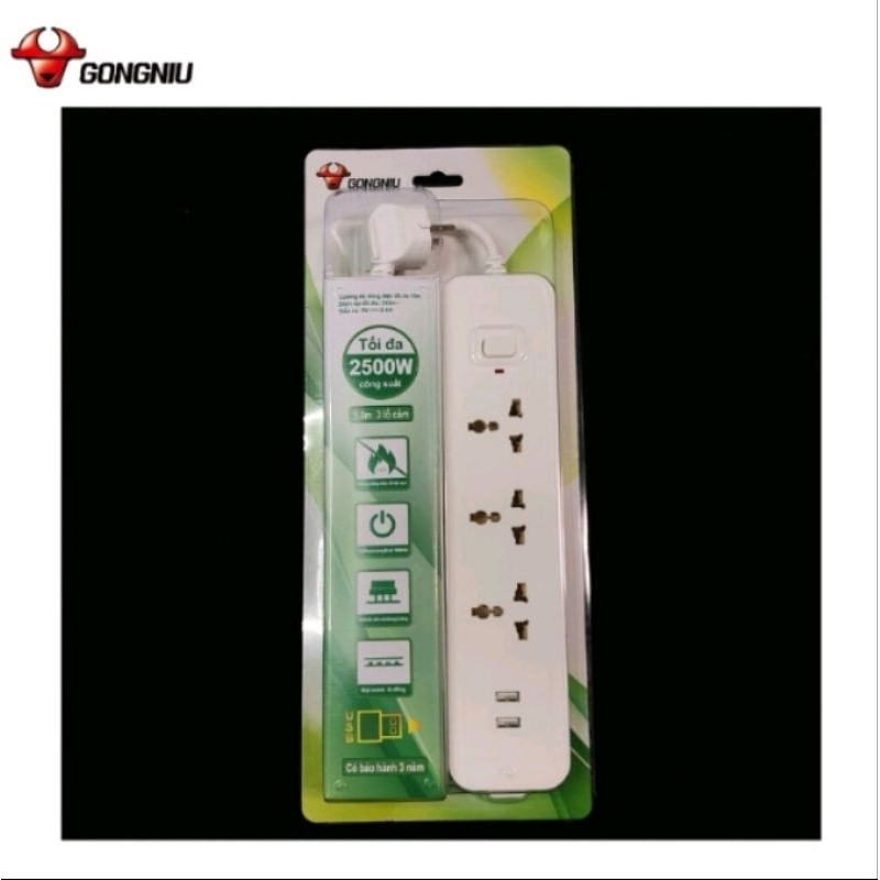 Ổ cắm điện đa năng Gongniu 3 ổ cắm 1 công tắc 2 ổ cắm USB công suất 2500W/10A dây dài 1.8m ...