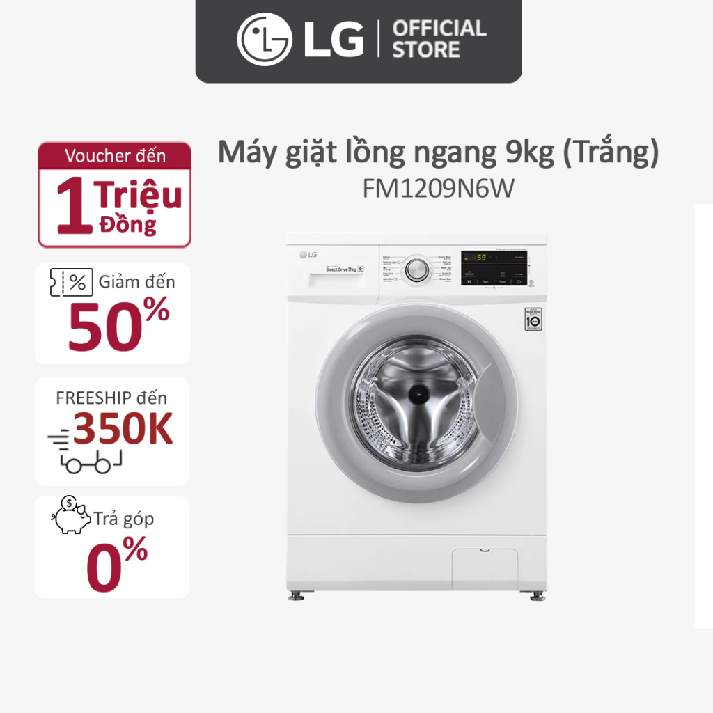 Máy giặt lồng ngang LG Inverter 9kg (Trắng)-FM1209N6W - Miễn phí lắp đặt | Shopee Việt Nam