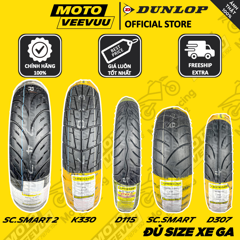 Vỏ lốp xe máy DUNLOP đủ size xe ga D115 D307 SCOOSMART 2 K330 60 70 80 90 100 110 120 130 140 10 ...