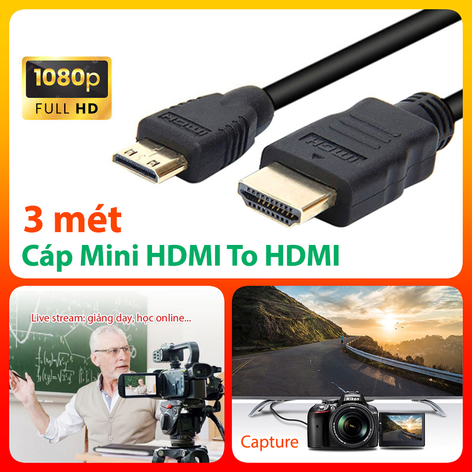 Cáp Mini HDMI sang HDMI hỗ trợ FullHD 3M cho quay phim máy ảnh Laptop ...
