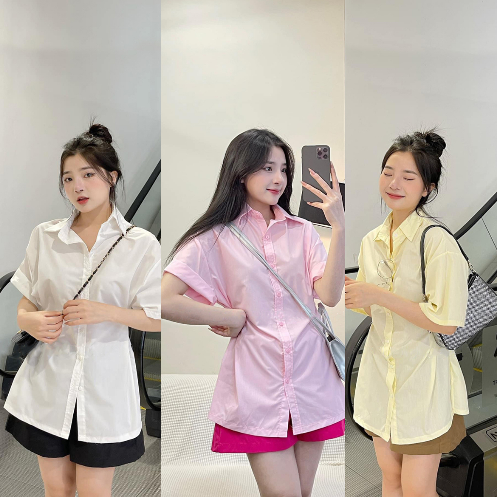 Set áo sơ mi cộc tay cài khuy eo kèm quần short cạp chun màu pastel xinh xắn | Shopee Việt Nam
